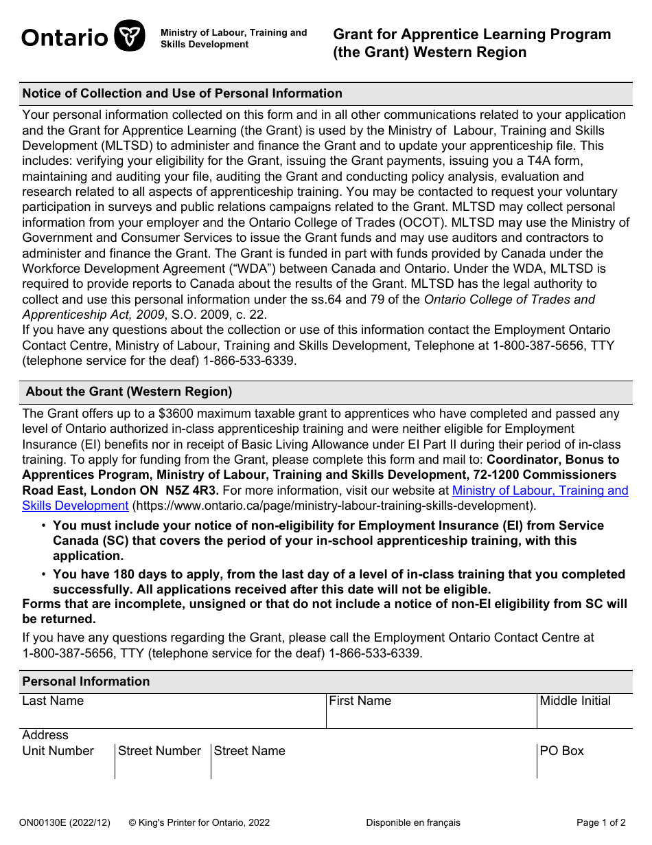 Form ON00130E - Fill Out, Sign Online and Download Fillable PDF ...
