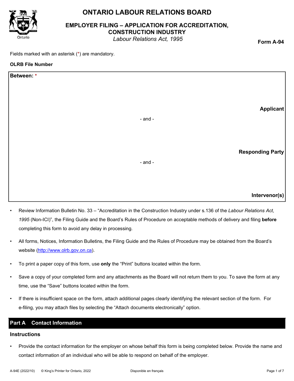 Form A-94 - Fill Out, Sign Online and Download Fillable PDF, Ontario ...