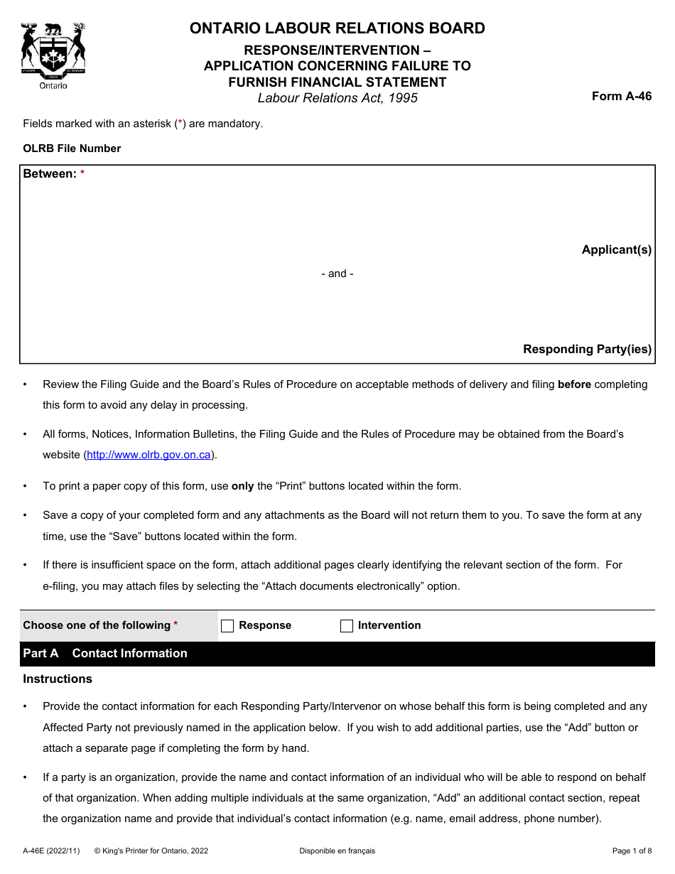 Form A-46 - Fill Out, Sign Online and Download Fillable PDF, Ontario ...