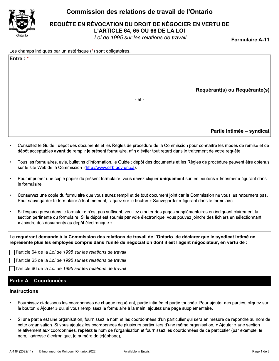 Forme A-11 - Fill Out, Sign Online and Download Fillable PDF, Ontario ...
