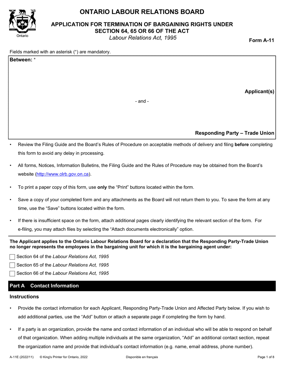 Form A-11 - Fill Out, Sign Online and Download Fillable PDF, Ontario ...