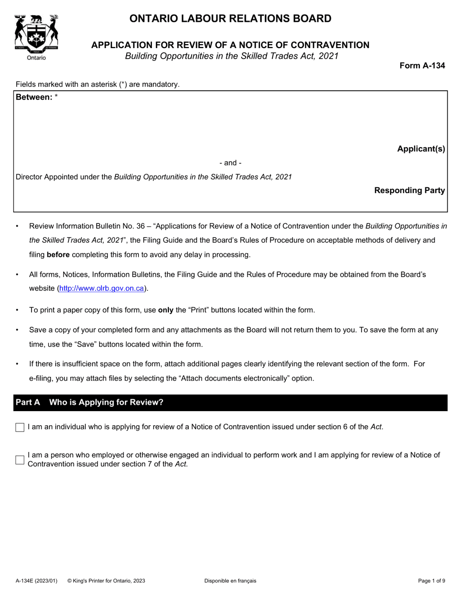 Form A-134 - Fill Out, Sign Online and Download Fillable PDF, Ontario ...