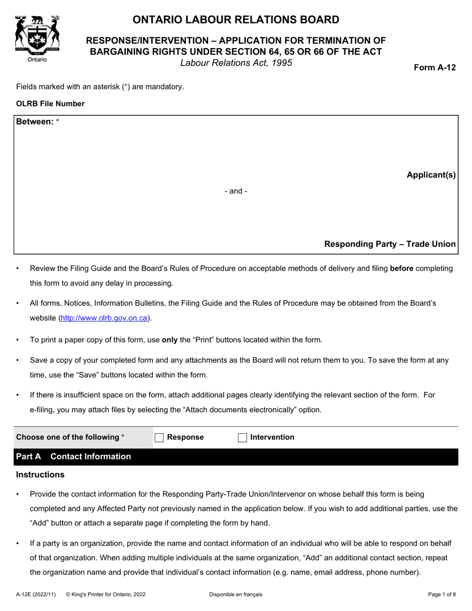 Form A-12 - Fill Out, Sign Online and Download Fillable PDF, Ontario Canada | Templateroller