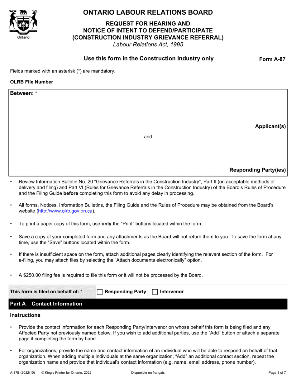 Form A-87 - Fill Out, Sign Online and Download Fillable PDF, Ontario ...