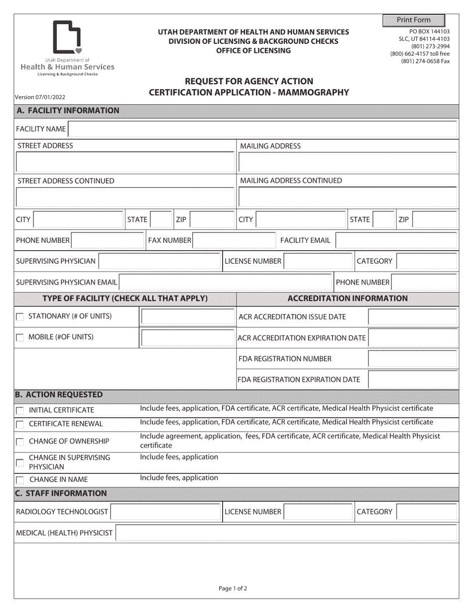 Utah Request for Agency Action Certification Application - Mammography ...