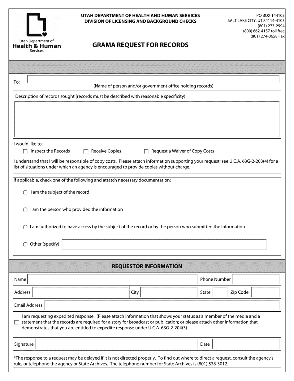 Utah Grama Request for Records - Fill Out, Sign Online and Download PDF ...