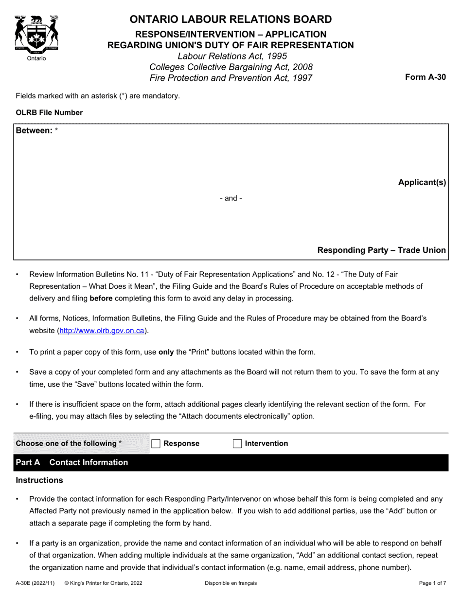 Form A-30 - Fill Out, Sign Online and Download Fillable PDF, Ontario ...