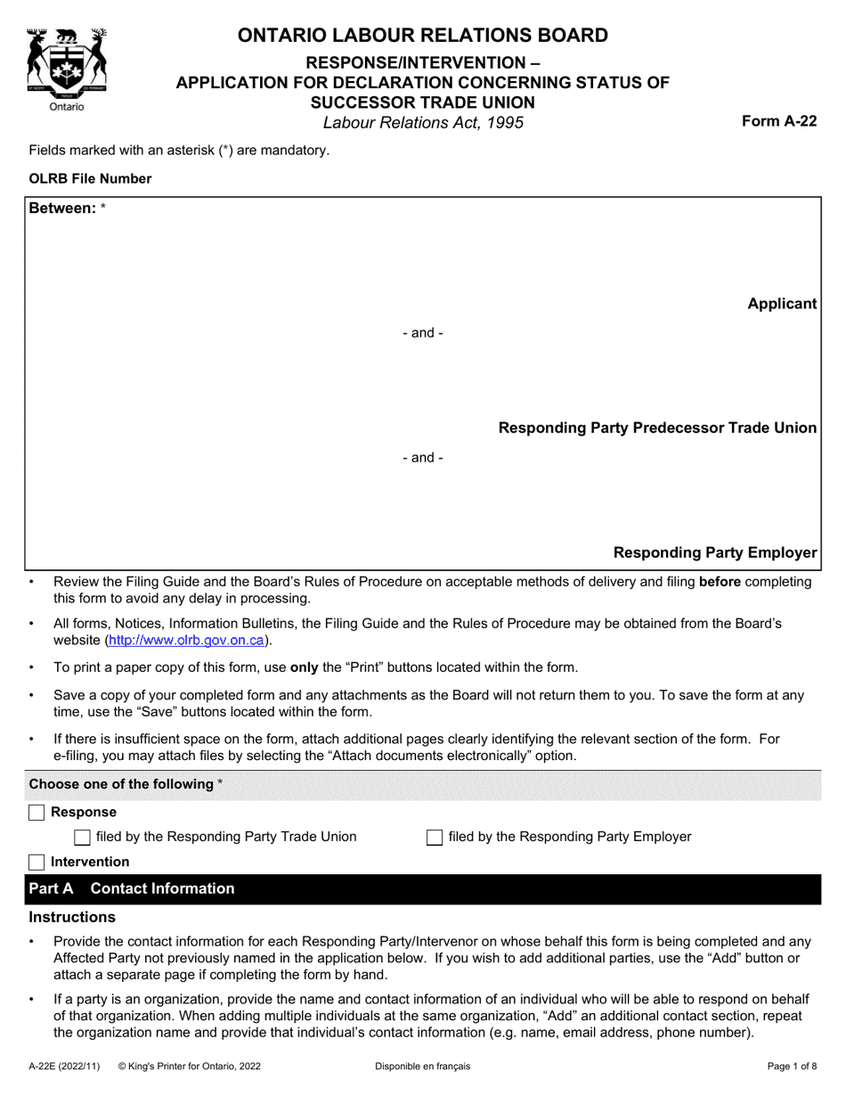 Form A-22 - Fill Out, Sign Online and Download Fillable PDF, Ontario ...