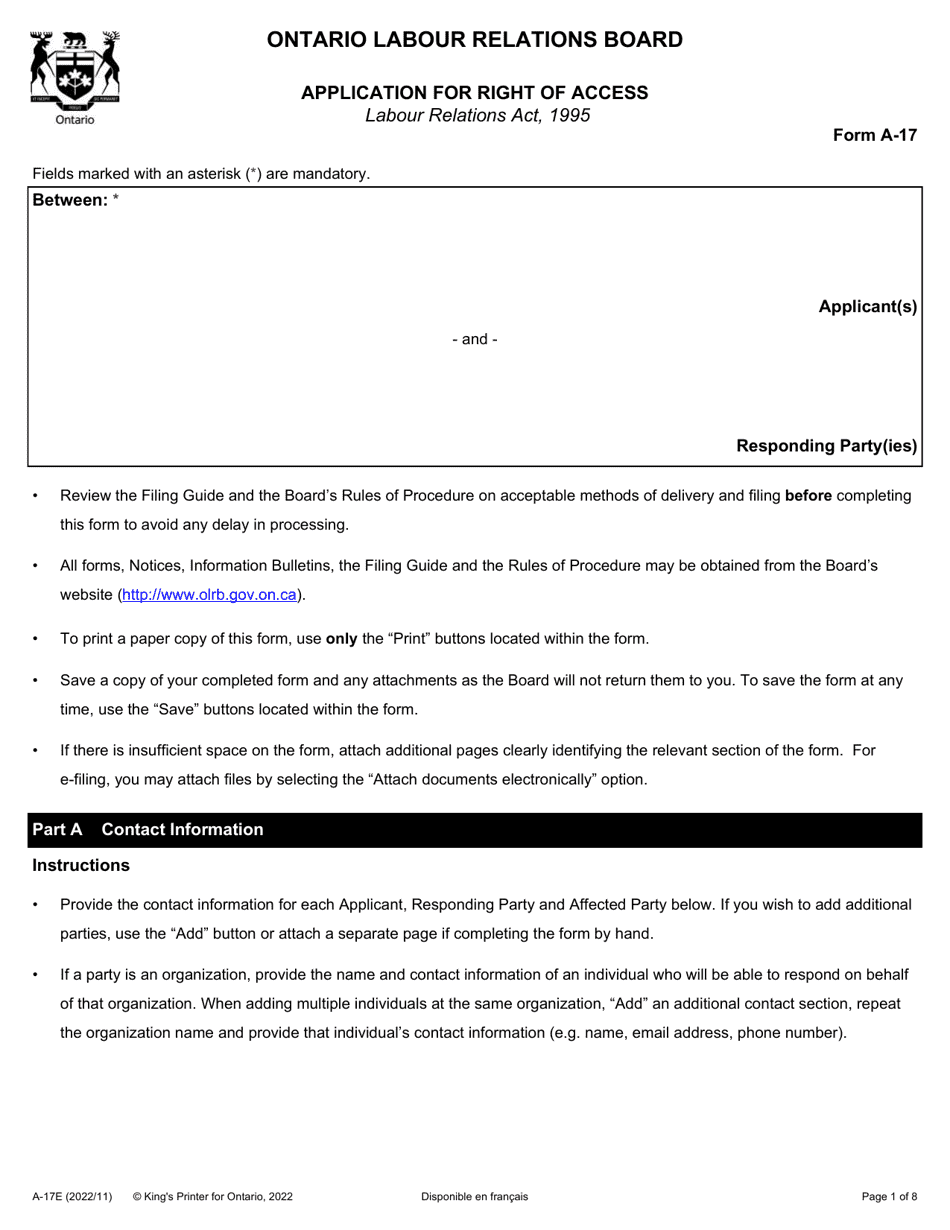 Form A-17 - Fill Out, Sign Online and Download Fillable PDF, Ontario ...