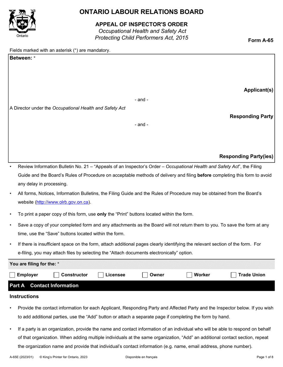 Form A-65 - Fill Out, Sign Online and Download Fillable PDF, Ontario ...
