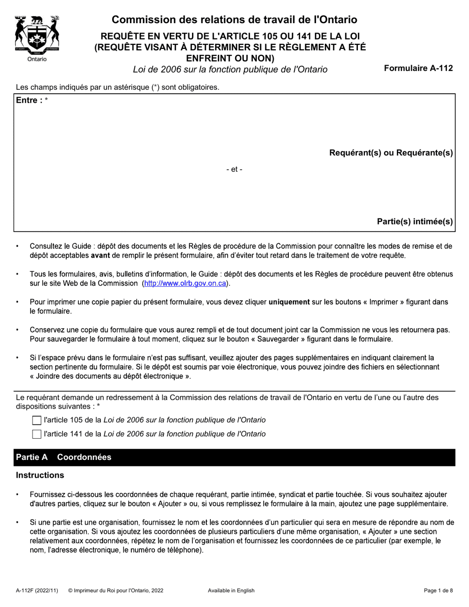 Forme A-112 - Fill Out, Sign Online and Download Fillable PDF, Ontario ...