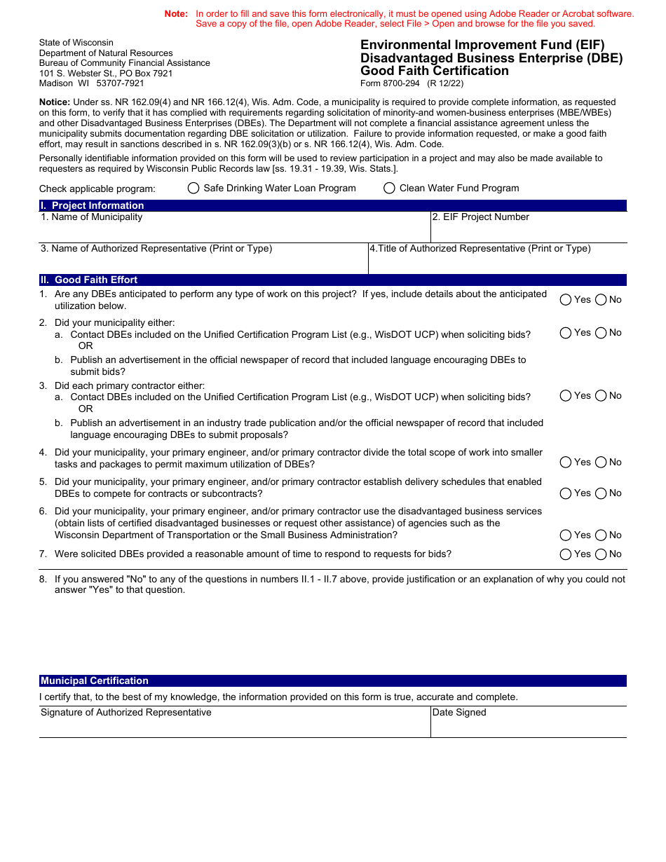 Form 8700-294 Download Fillable PDF or Fill Online Environmental ...