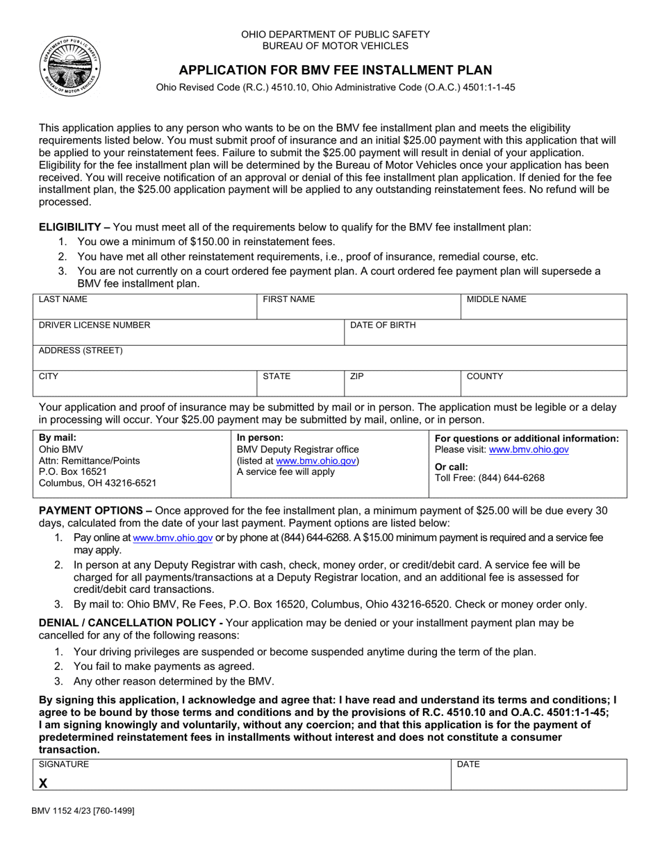 Form BMV1152 Download Printable PDF or Fill Online Application for Bmv ...