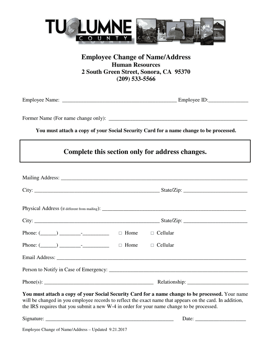 Tuolumne County, California Employee Change of Name/Address - Fill Out ...