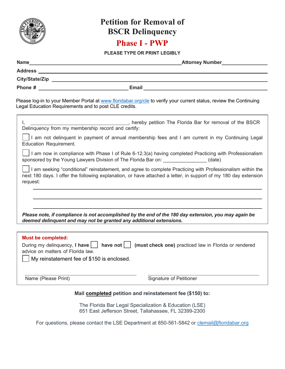 Florida Petition for Removal of Bscr Delinquency - Phase I - Pwp - Fill ...