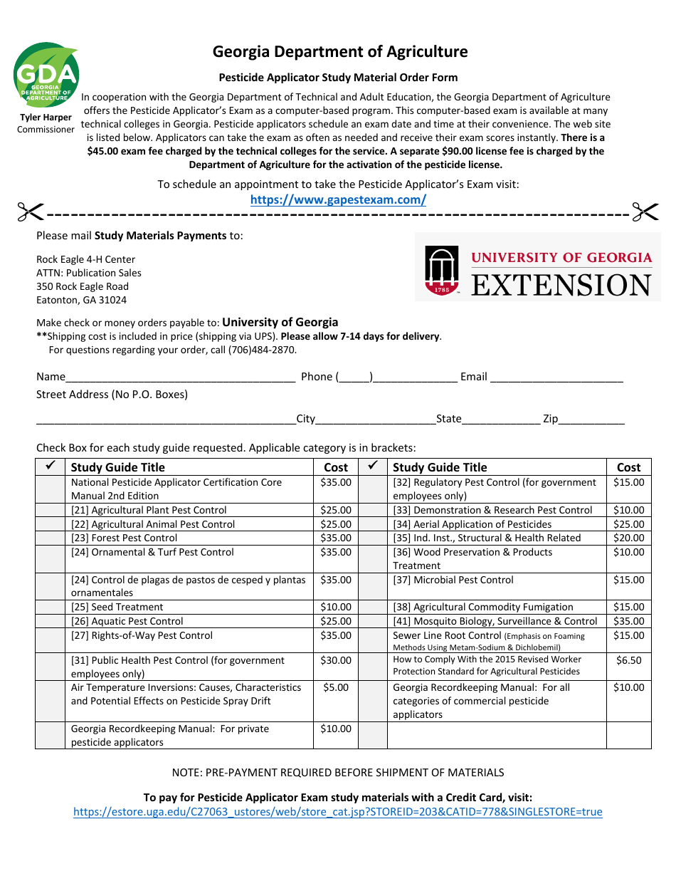 Georgia (United States) Pesticide Applicator Study Material Order Form ...