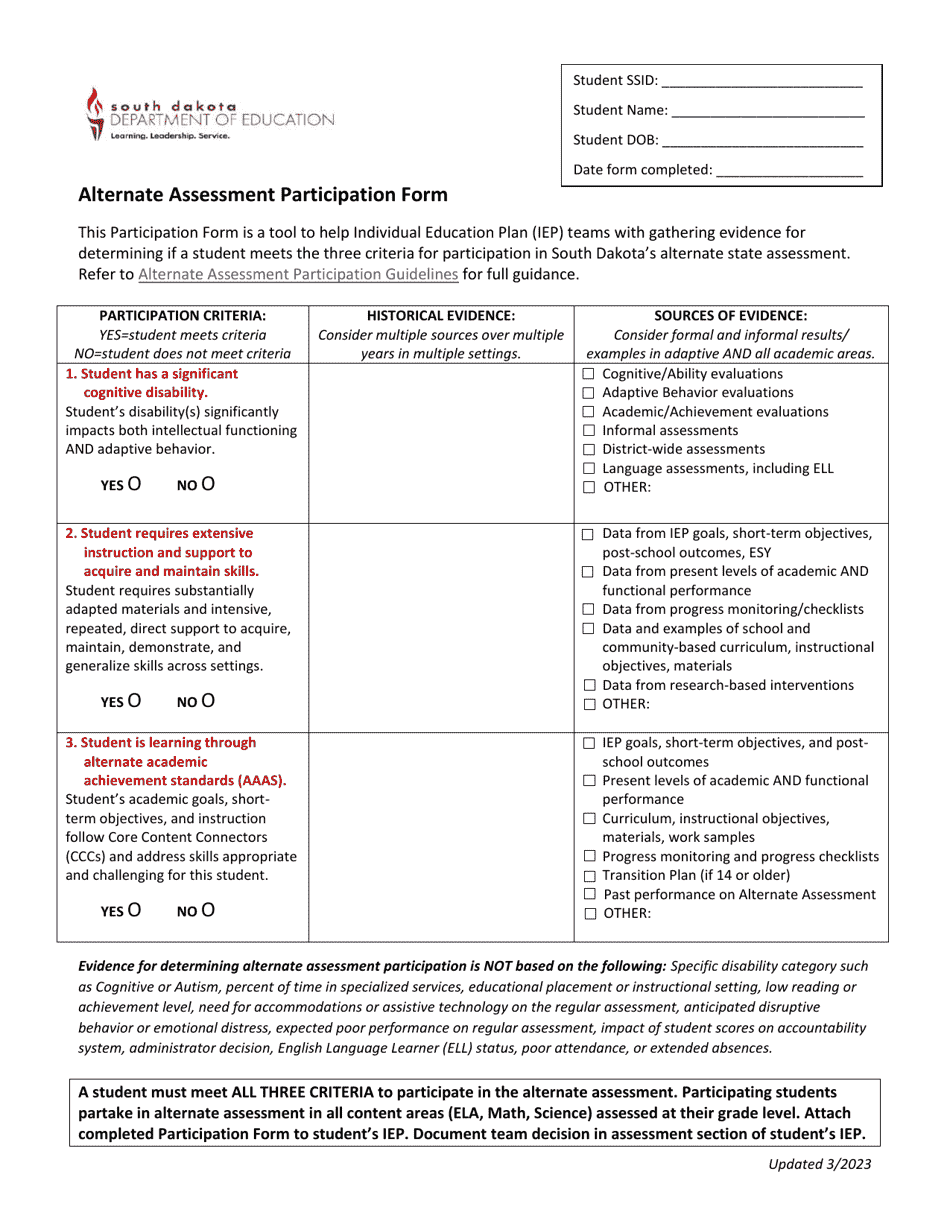 South Dakota Alternate Assessment Participation Form - Fill Out, Sign ...