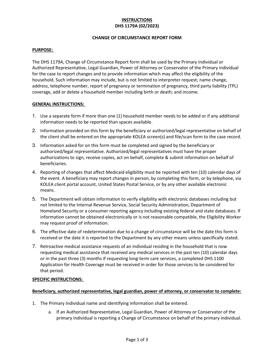 Download Instructions for Form DHS1179A Change of Circumstance Report ...
