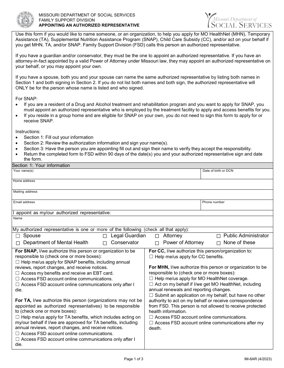 Form IM-6AR Download Fillable PDF or Fill Online Appointing an ...