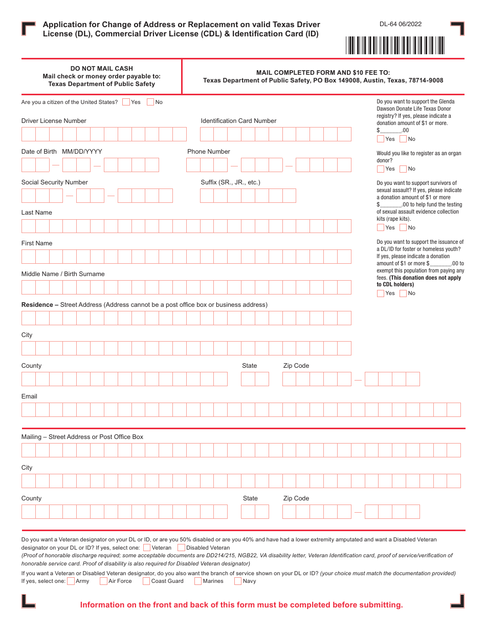 Form DL-64 Download Printable PDF or Fill Online Application for Change ...