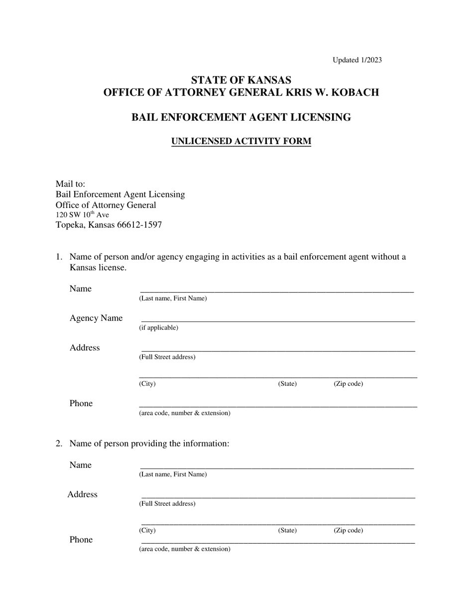 Kansas Unlicensed Activity Form - Bail Enforcement Agent - Fill Out ...
