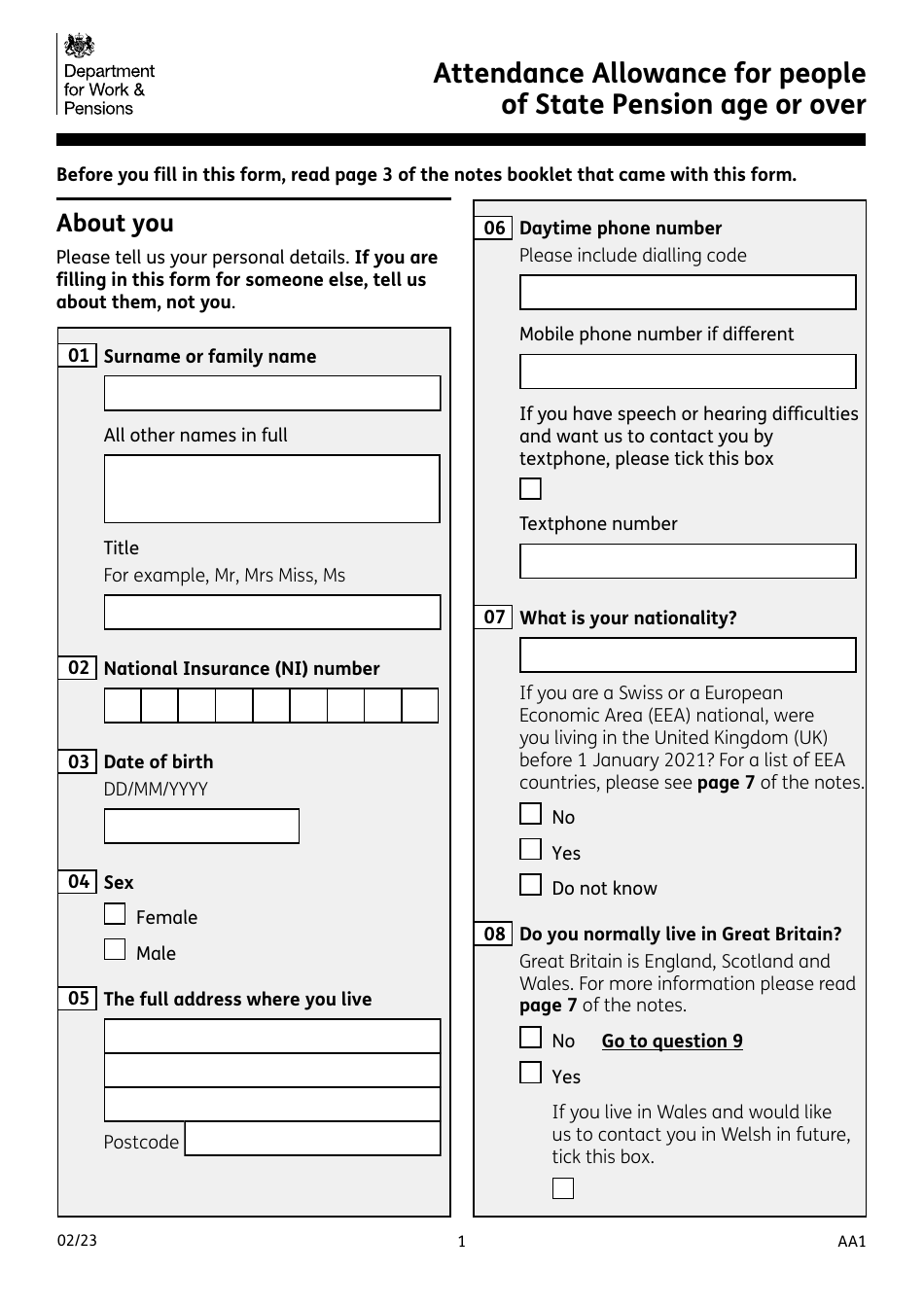 Form AA1 Download Fillable PDF or Fill Online Attendance Allowance for ...