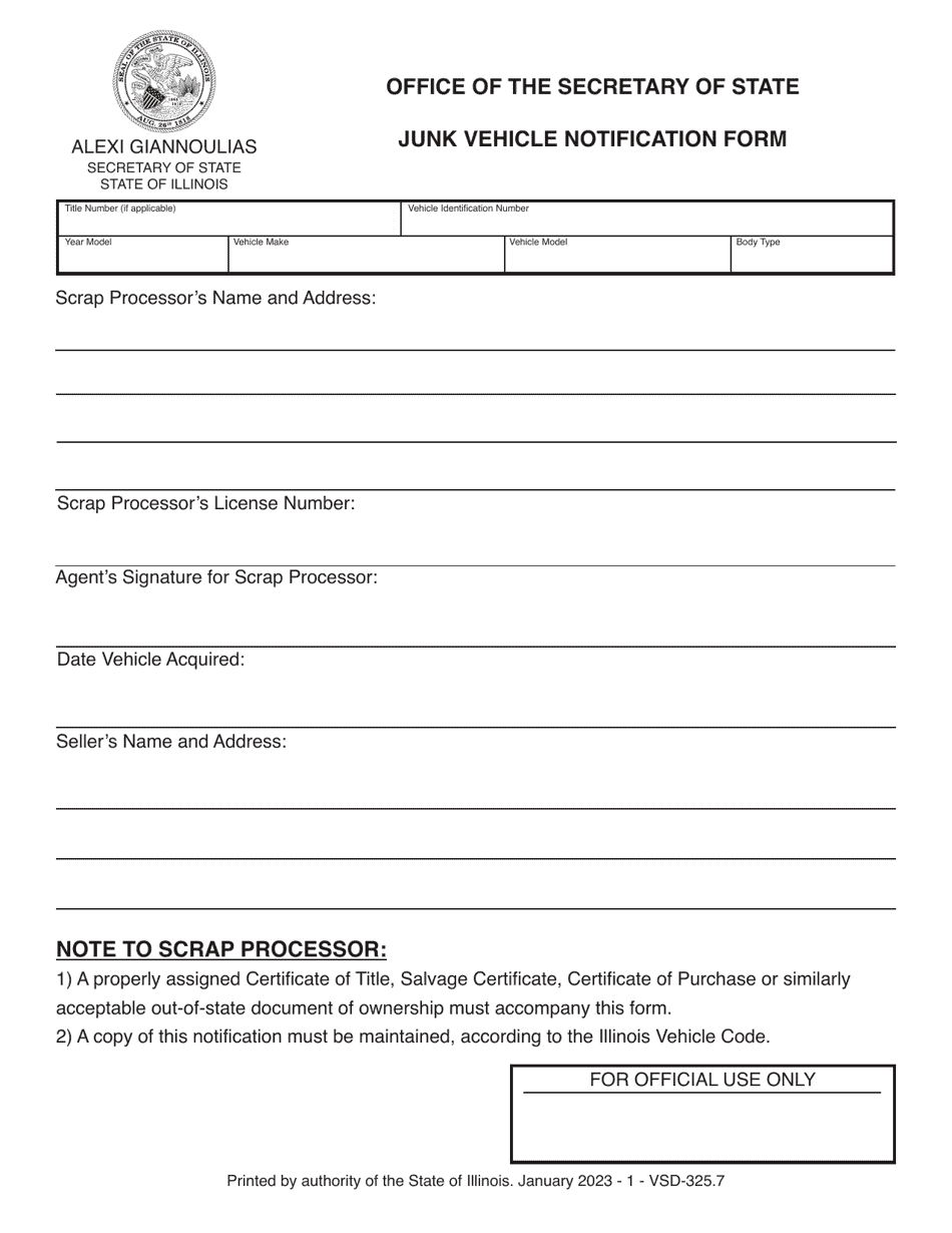 Form VSD325 Download Printable PDF or Fill Online Junk Vehicle ...