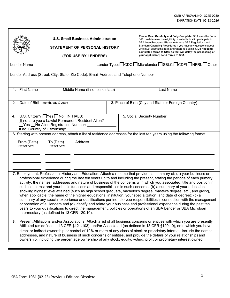SBA Form 1081 Download Fillable PDF or Fill Online Statement of ...