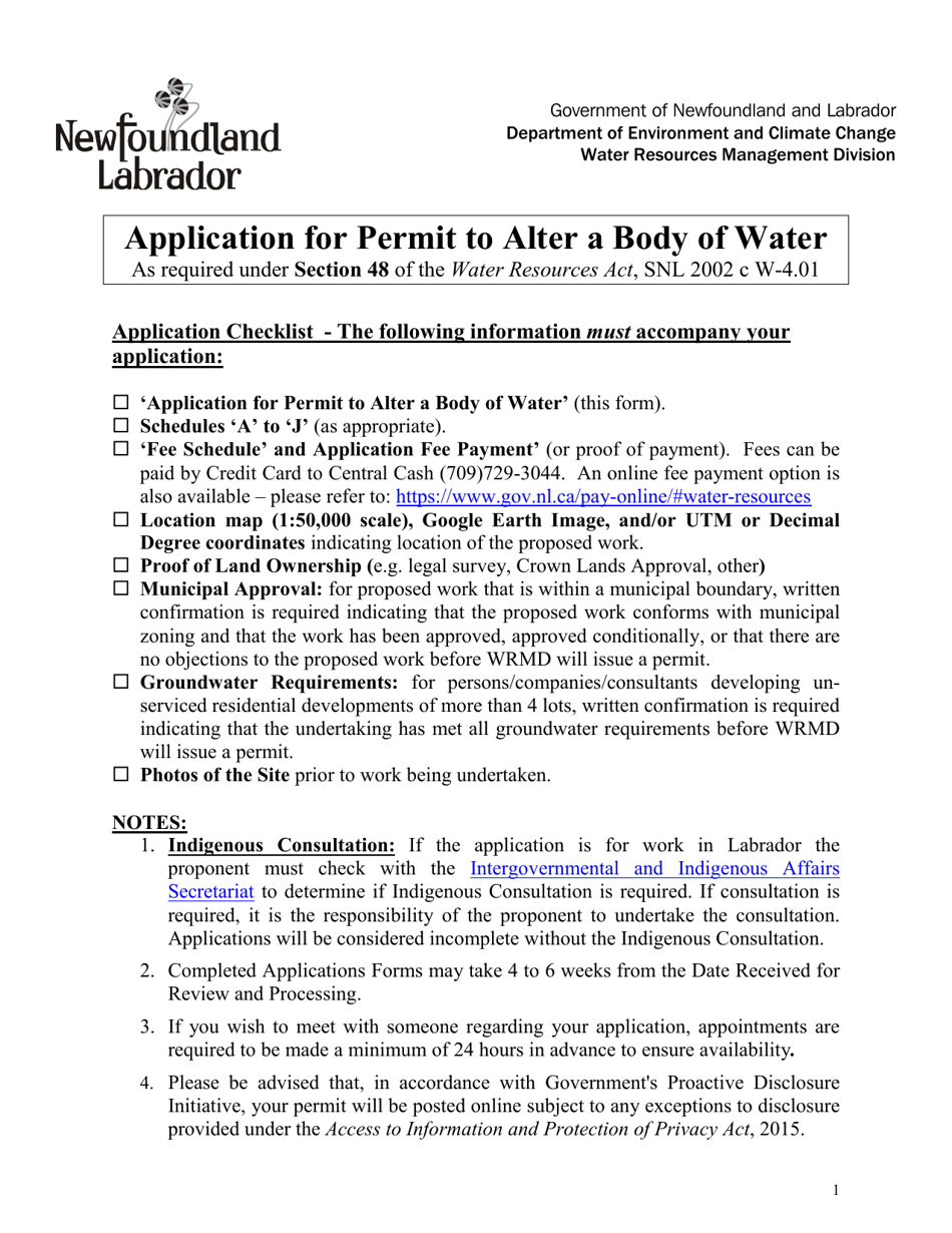 Newfoundland and Labrador Canada Application for Permit to Alter a Body ...
