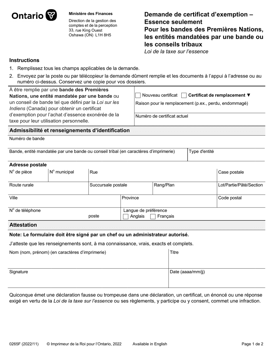 Forme 0265F - Fill Out, Sign Online and Download Fillable PDF, Ontario ...