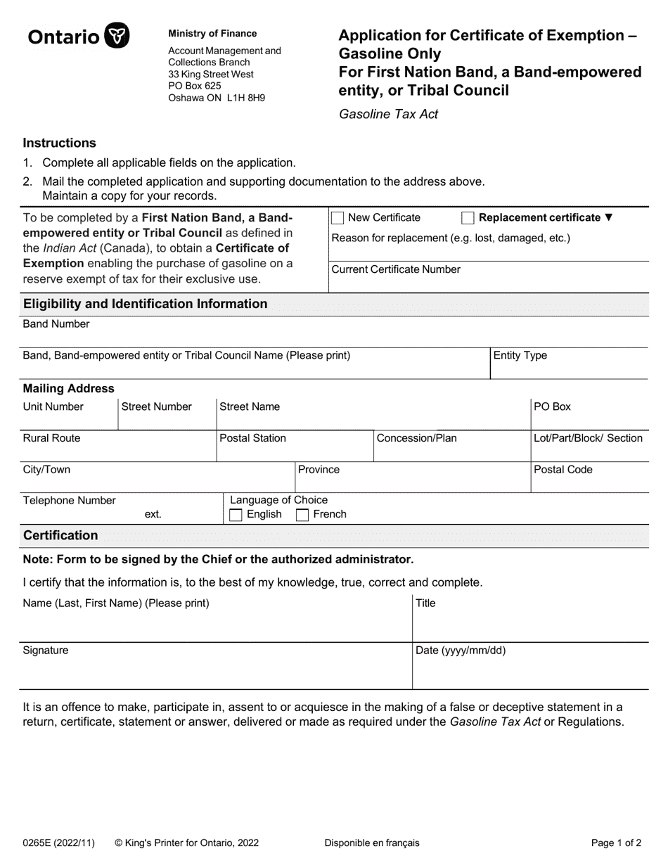 Form 0265E - Fill Out, Sign Online and Download Fillable PDF, Ontario ...
