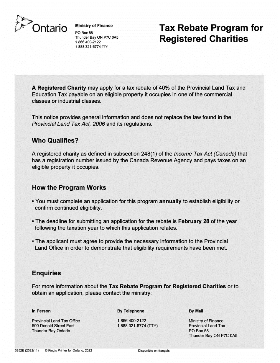 Form 0252E Download Fillable PDF or Fill Online Application for Registered Charities Tax Rebate ...