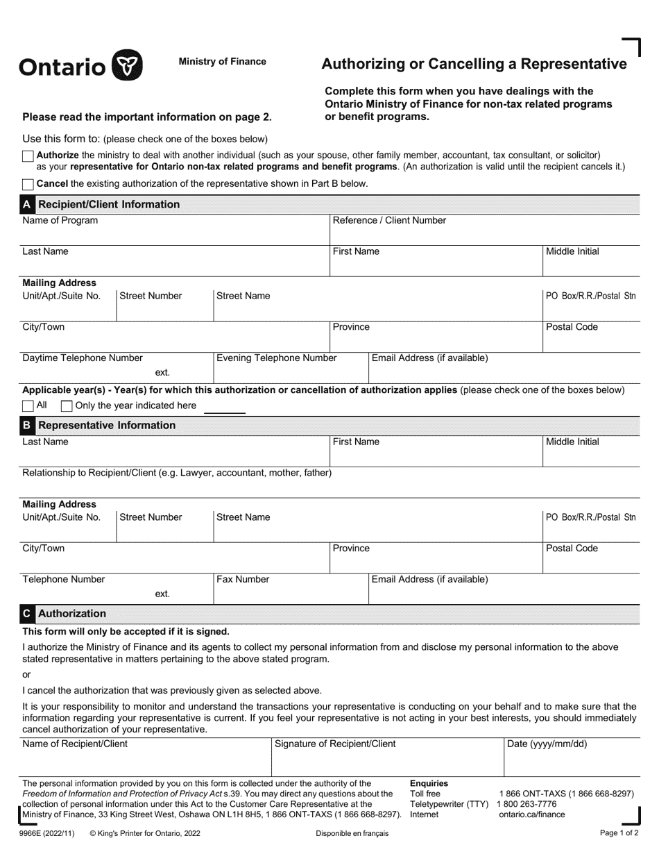 Form 9966E - Fill Out, Sign Online and Download Fillable PDF, Ontario ...