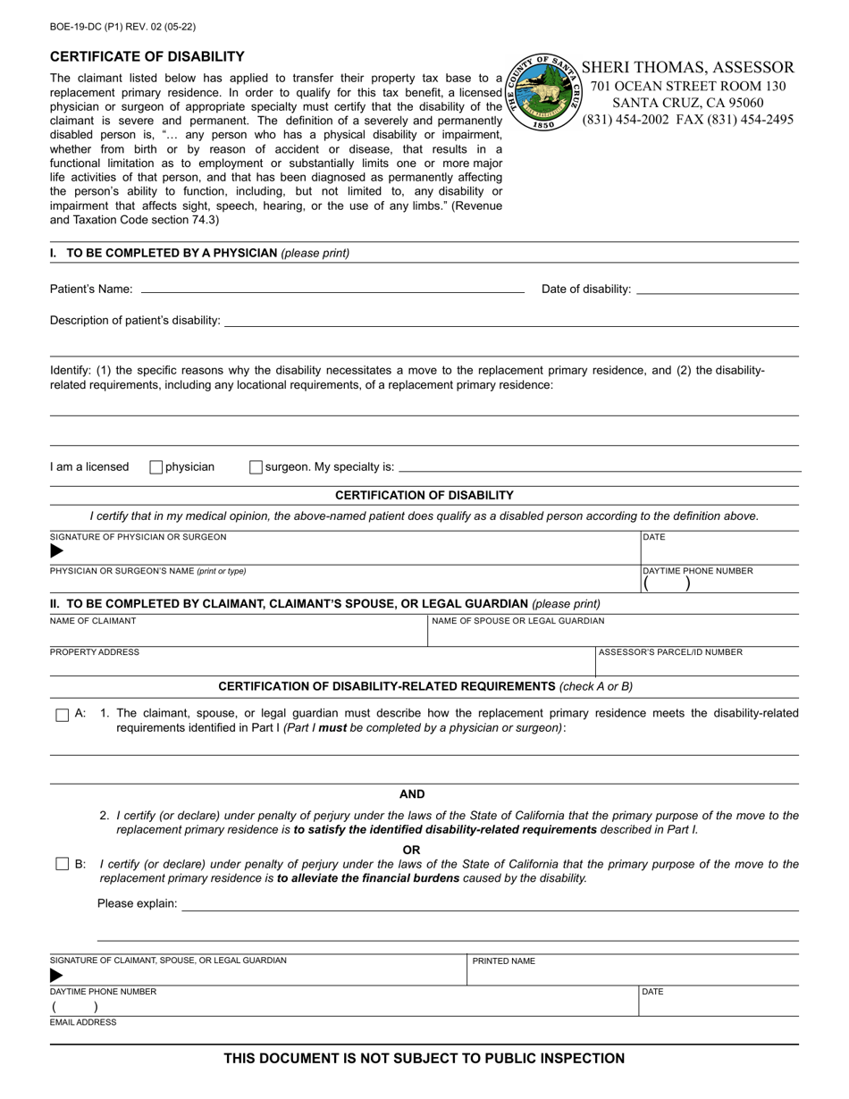 Form BOE-19‑DC - Fill Out, Sign Online and Download Fillable PDF, Santa ...