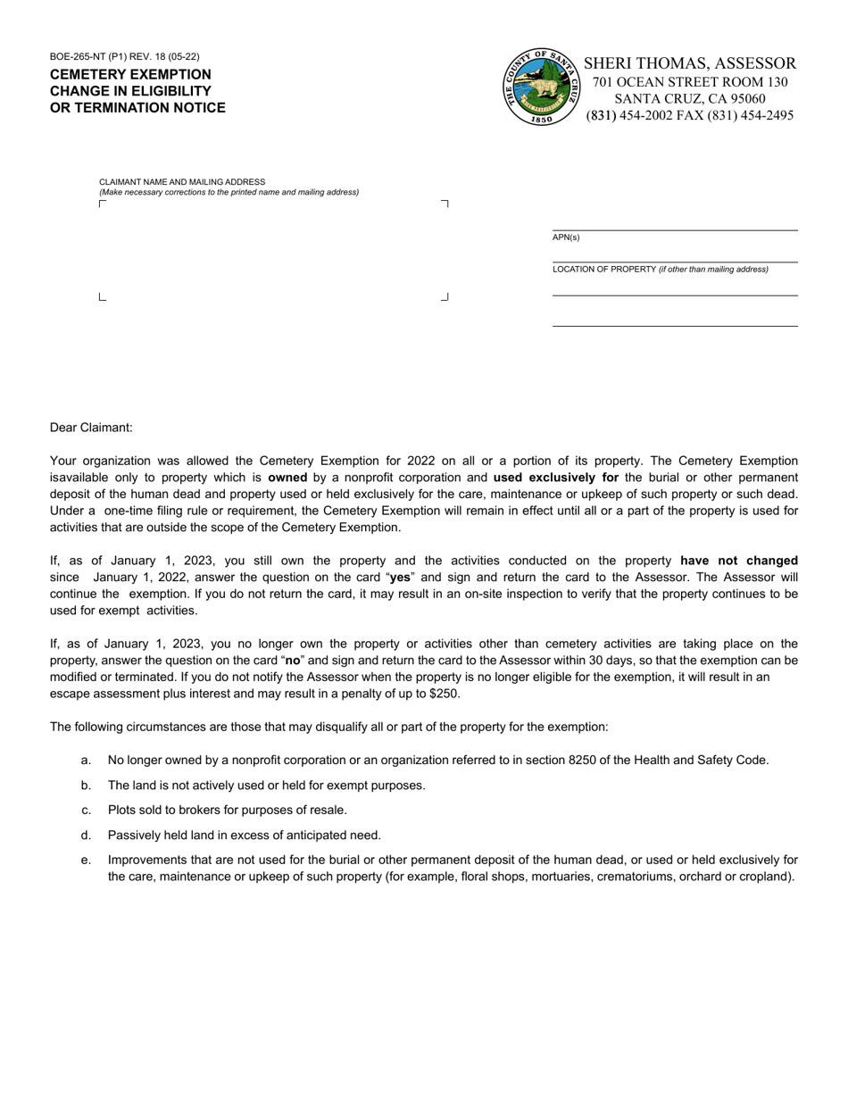 Form BOE-265-NT - Fill Out, Sign Online and Download Fillable PDF ...