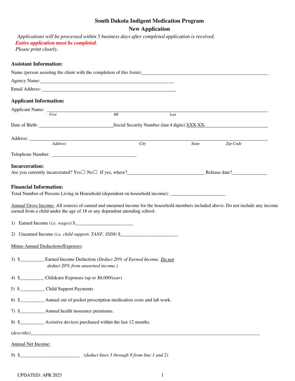 South Dakota South Dakota Indigent Medication Program New Application ...