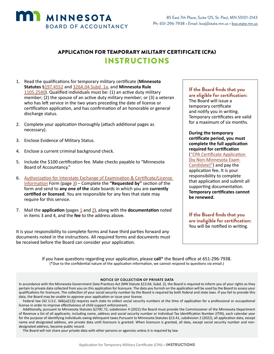 Minnesota Application for Temporary Military Certificate (CPA) Download ...