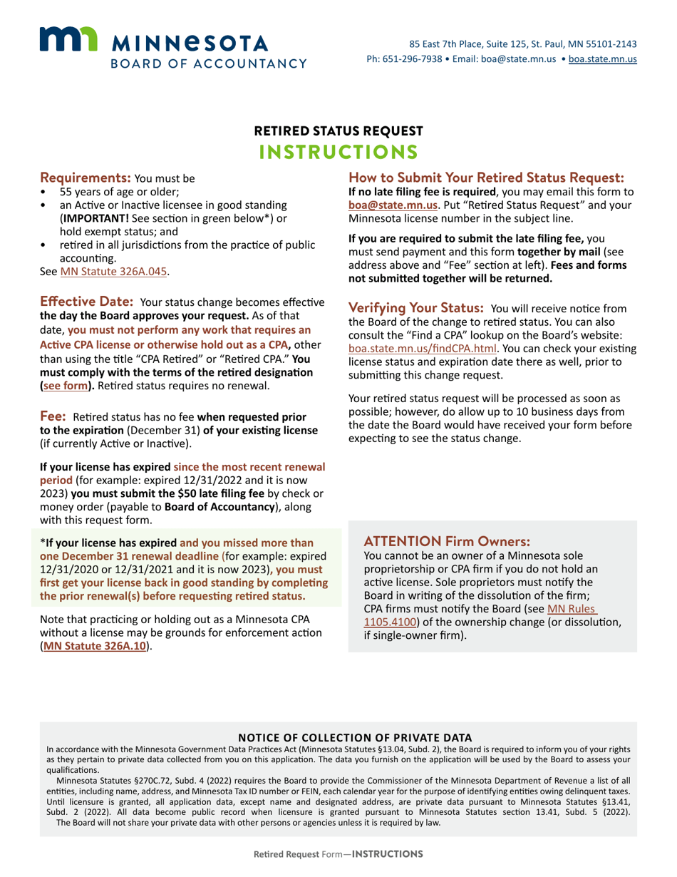 Minnesota Retired Status Request Form - Fill Out, Sign Online and ...