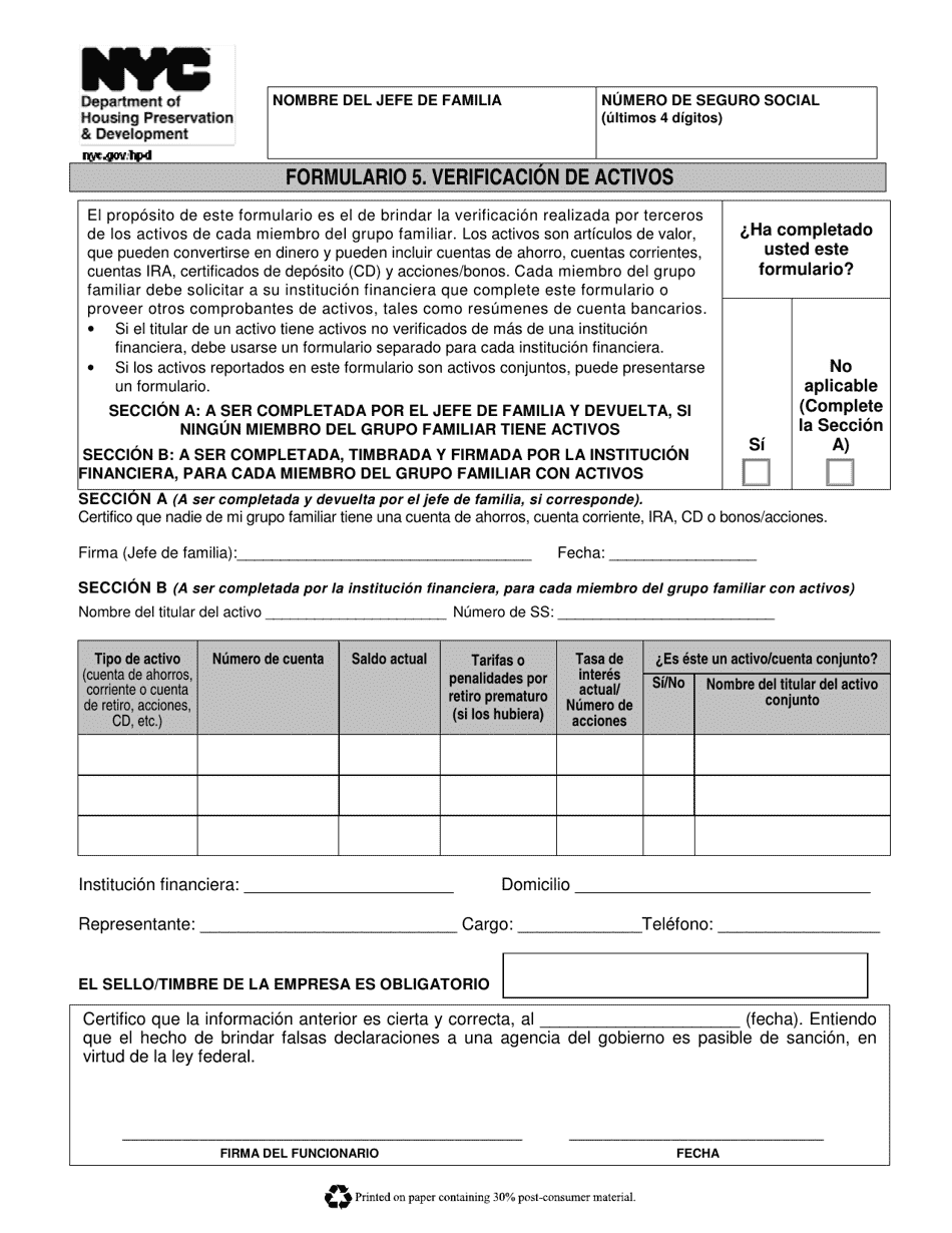 Formulario 5 - Fill Out, Sign Online and Download Fillable PDF, New York City (Spanish ...
