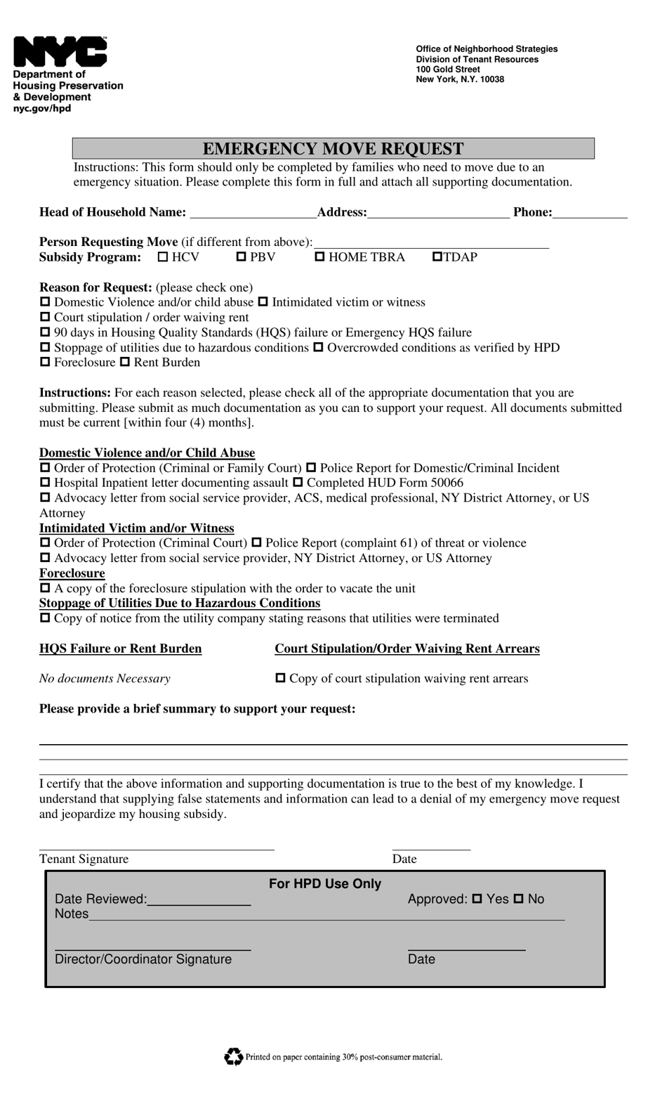 New York City Emergency Move Request - Fill Out, Sign Online and ...