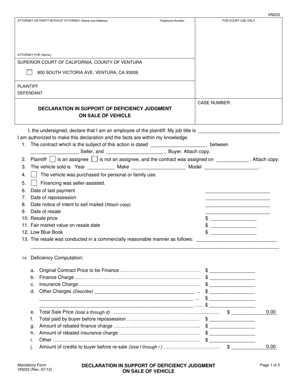 Form VN033 - Fill Out, Sign Online and Download Fillable PDF, County of ...