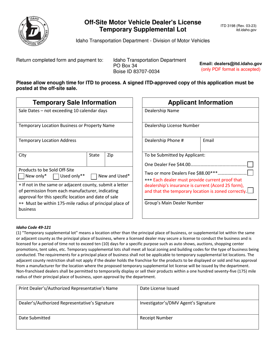 Form ITD3198 - Fill Out, Sign Online and Download Fillable PDF, Idaho ...