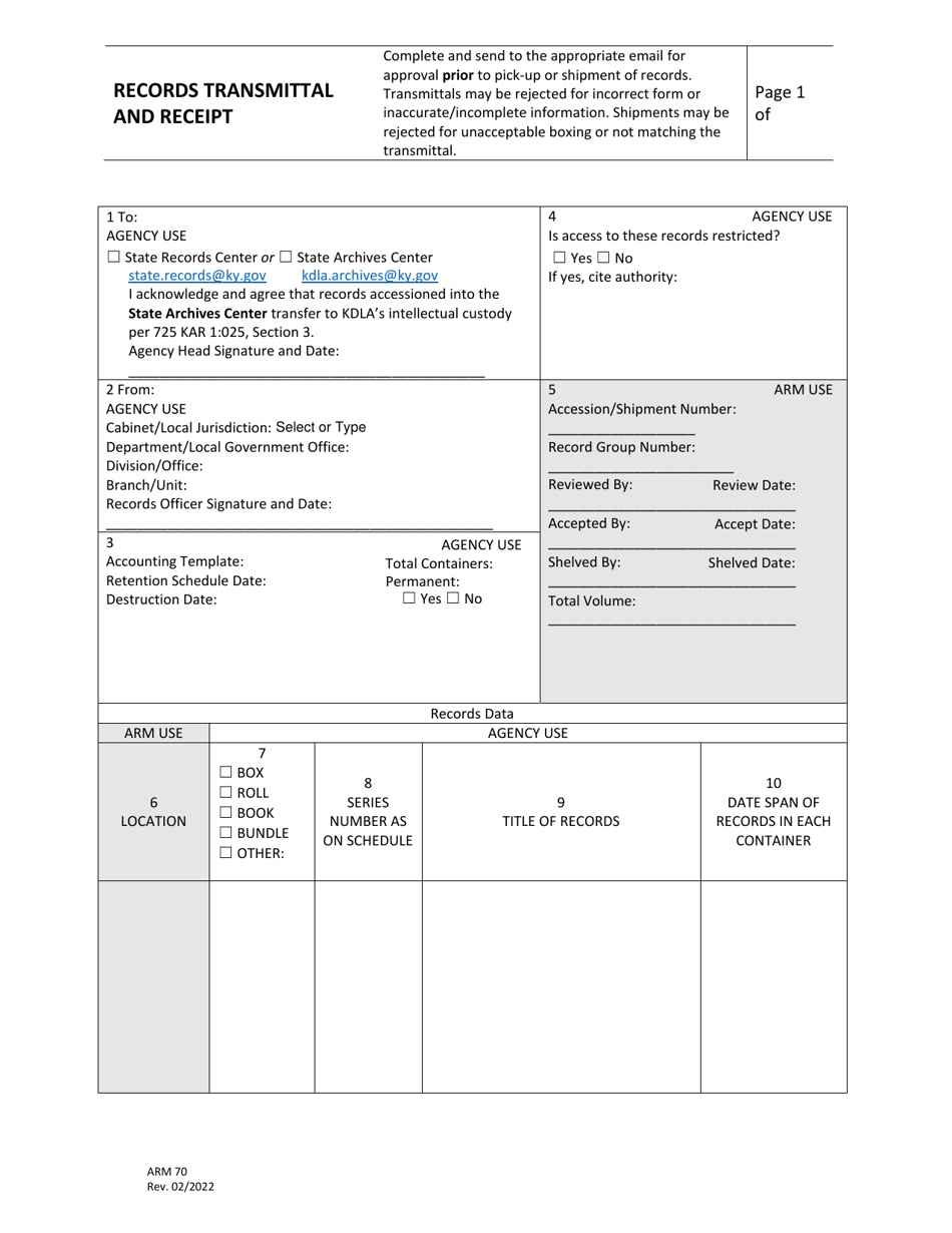 Form ARM70 - Fill Out, Sign Online and Download Fillable PDF, Kentucky ...