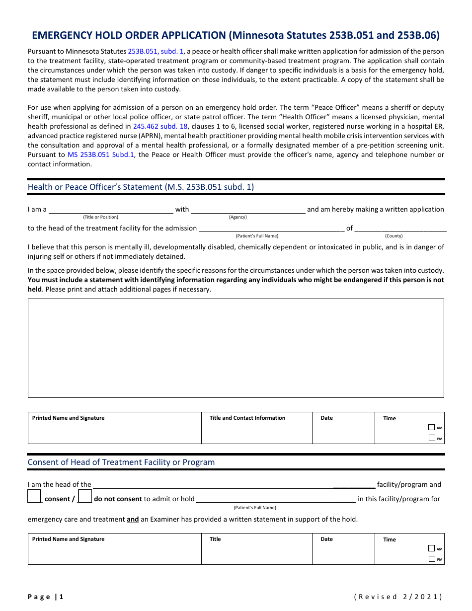 Minnesota Emergency Hold Order Application - Fill Out, Sign Online and ...