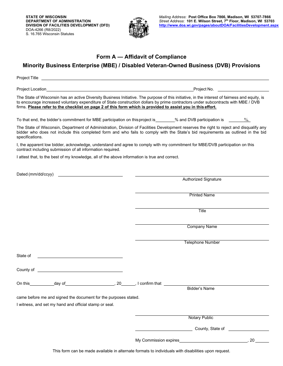 Form A (DOA-4266) - Fill Out, Sign Online and Download Printable PDF ...