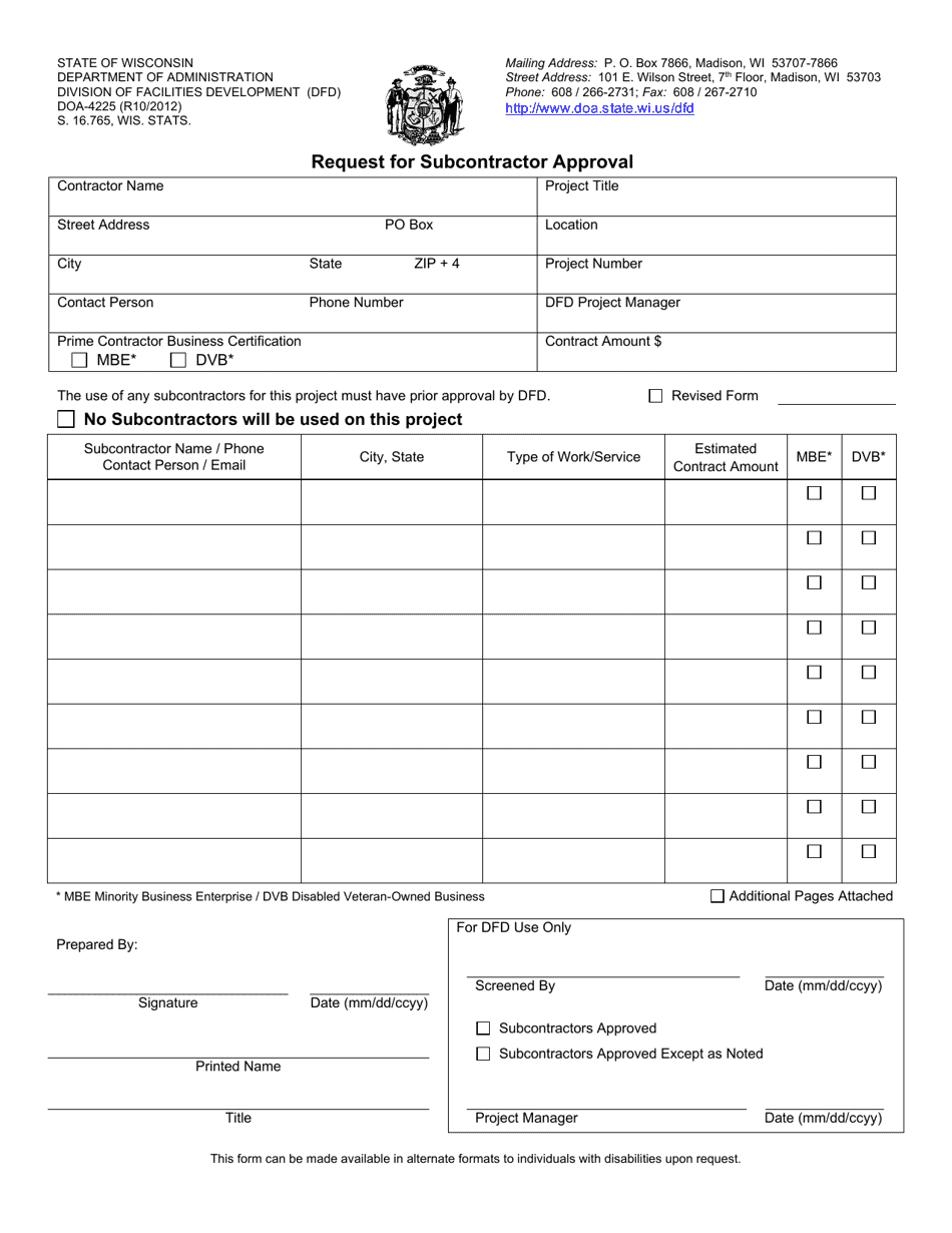 Form DOA-4225 - Fill Out, Sign Online and Download Printable PDF ...