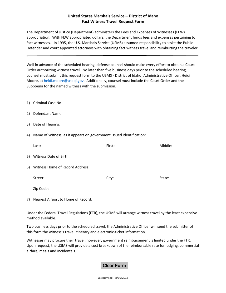 Idaho Usms Fact Witness Travel Request Form - Fill Out, Sign Online and ...