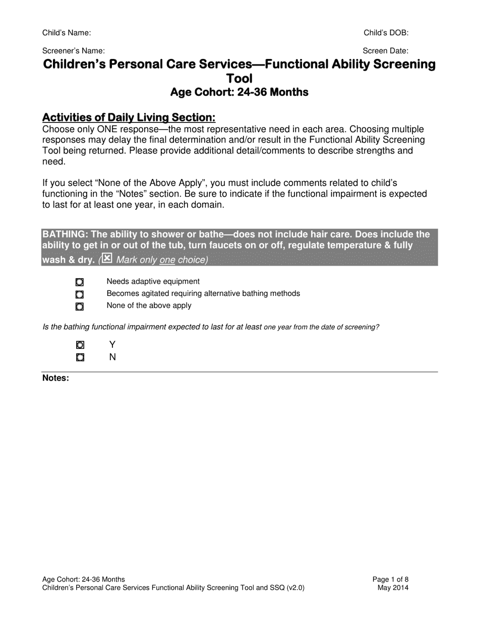 Vermont Children's Personal Care Services Functional Ability Screening ...