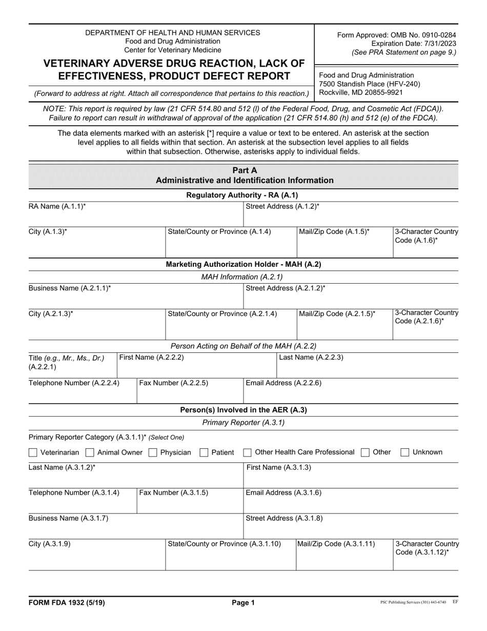 Form FDA1932 Download Fillable PDF or Fill Online Veterinary Adverse Drug Reaction, Lack of ...