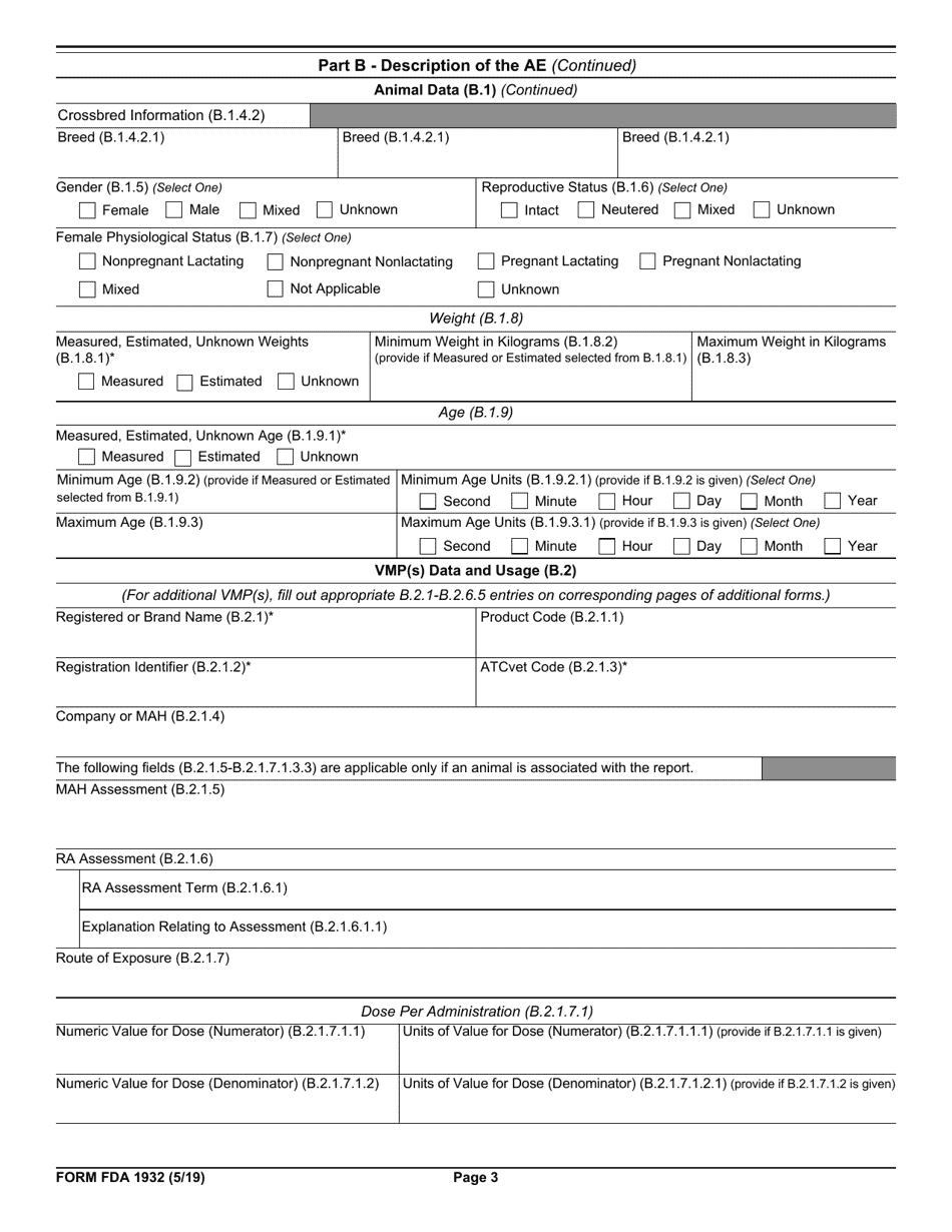 Form FDA1932 Download Fillable PDF or Fill Online Veterinary Adverse Drug Reaction, Lack of ...